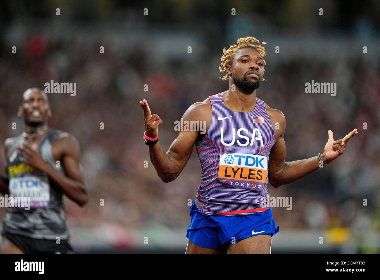 United States' Noah Lyles reacts after winning a men's 200 meters ...