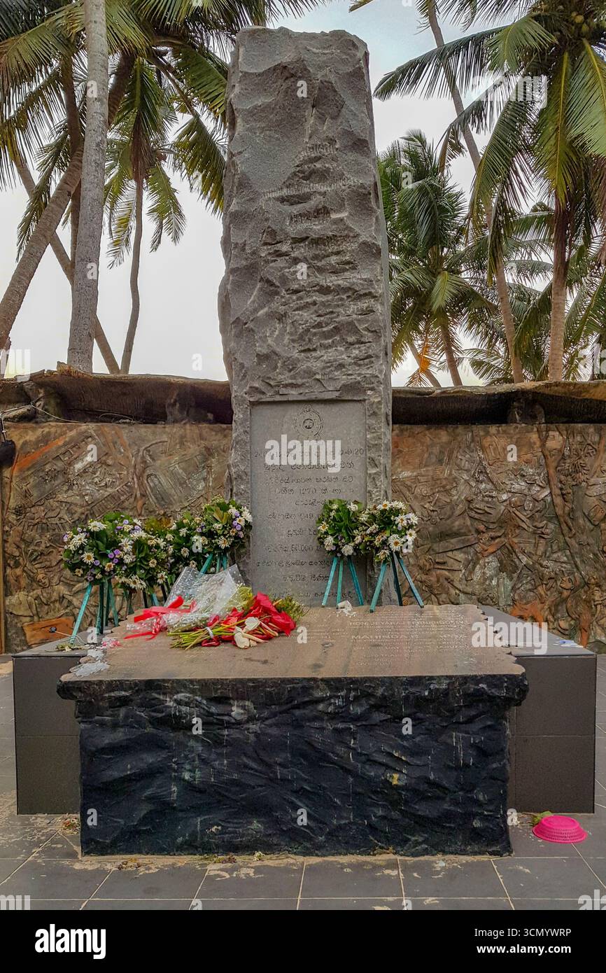 Sri Lanka - Peraliya - Tsunami Memorial - Vertical stone monument with ...