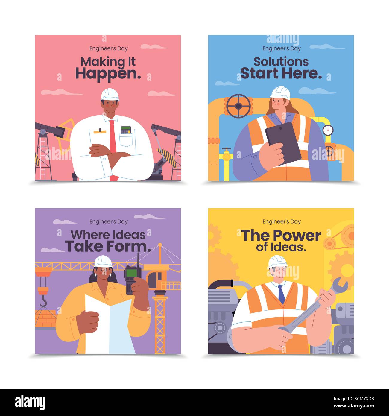 Hand-Drawn Flat Square Cards Composition for Engineers Day Stock Vector ...