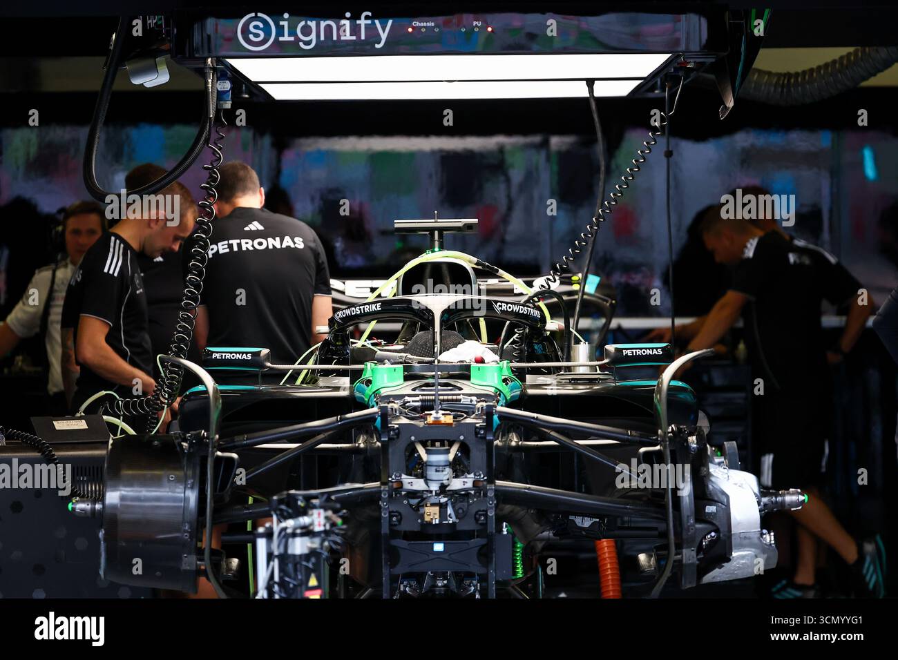 BAKU, AZERBAIJAN - SEPTEMBER 18: A general view of the Mercedes’ garage during previews ahead of ...