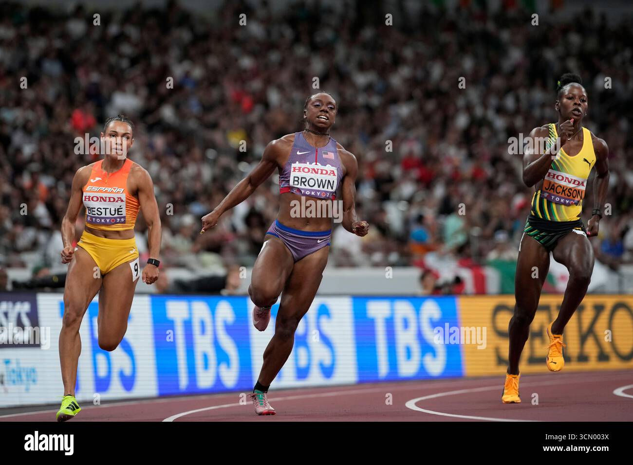Spain's Jael Bestue, left, United States' Brittany Brown, center, and ...