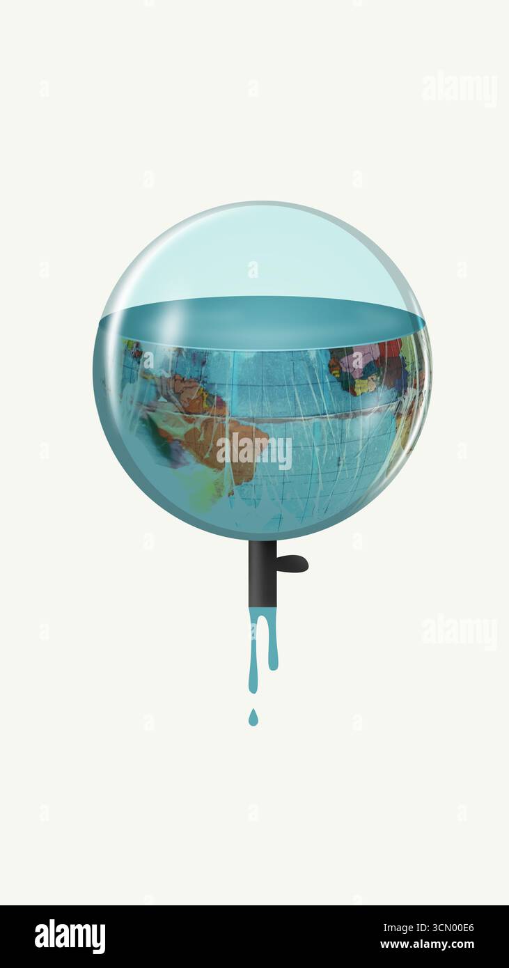 Minimalist collage. Globe shaped water tank dripping liquid symbolizing ...