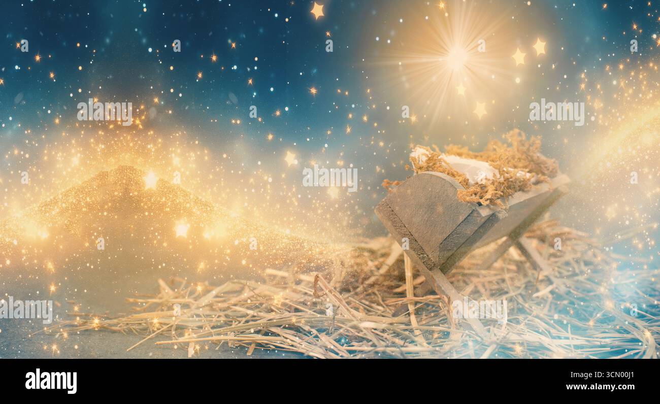 Birth Of Jesus Christ In Bethlehem, Light Is Shining On The Manger ...