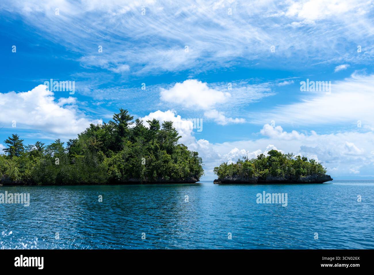 Small forested islets rise from the deep blue water under a sky filled ...