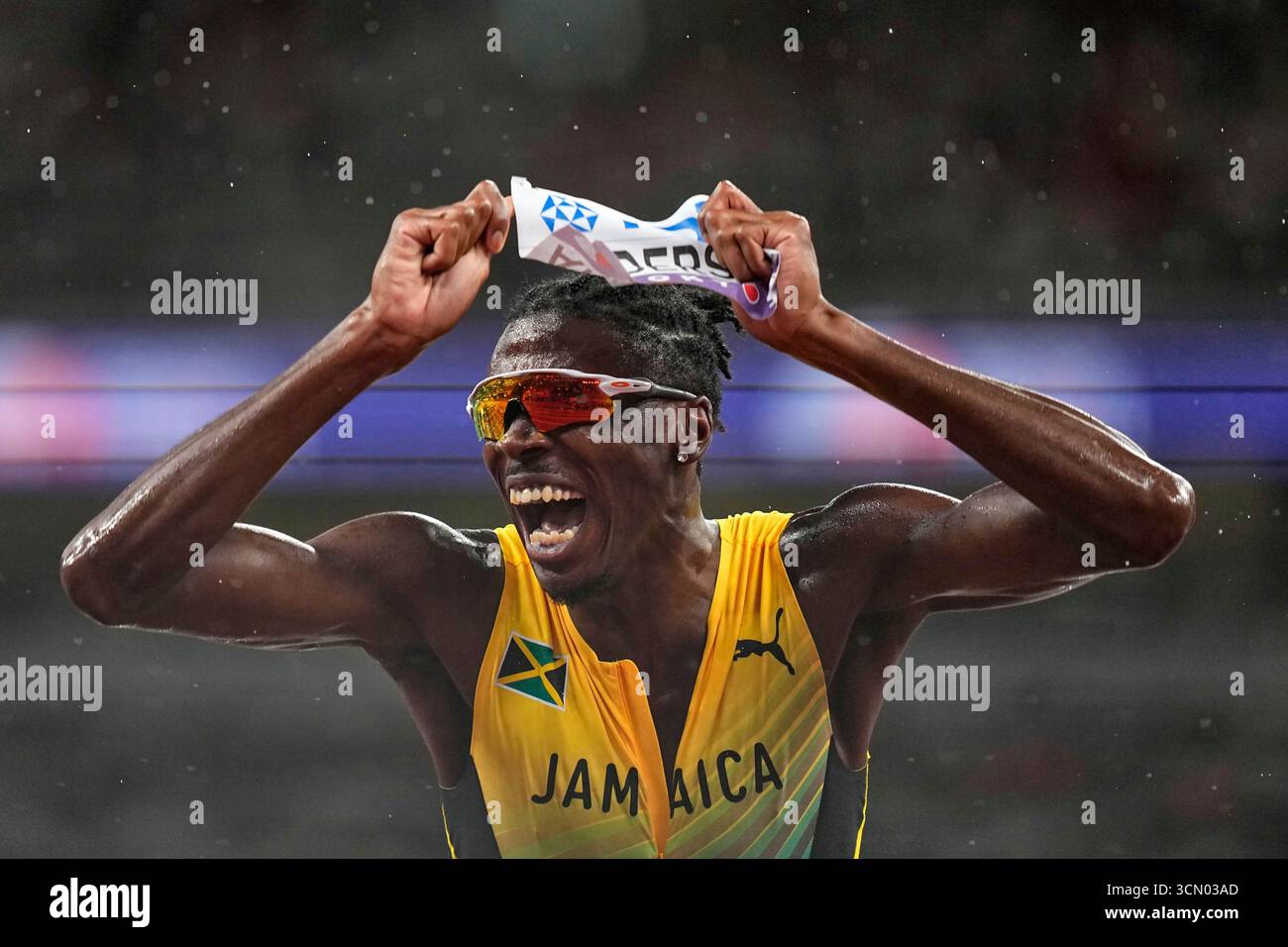Jamaica's Navasky Anderson reacts after finishing a men's 800 meters ...