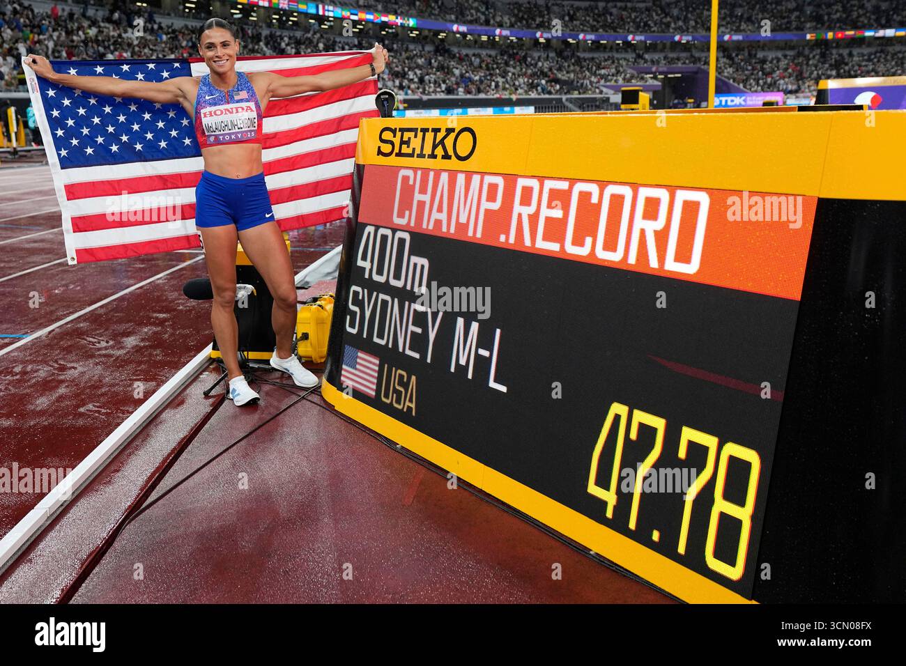 United States' Sydney McLaughlin-Levrone celebrates after winning the ...