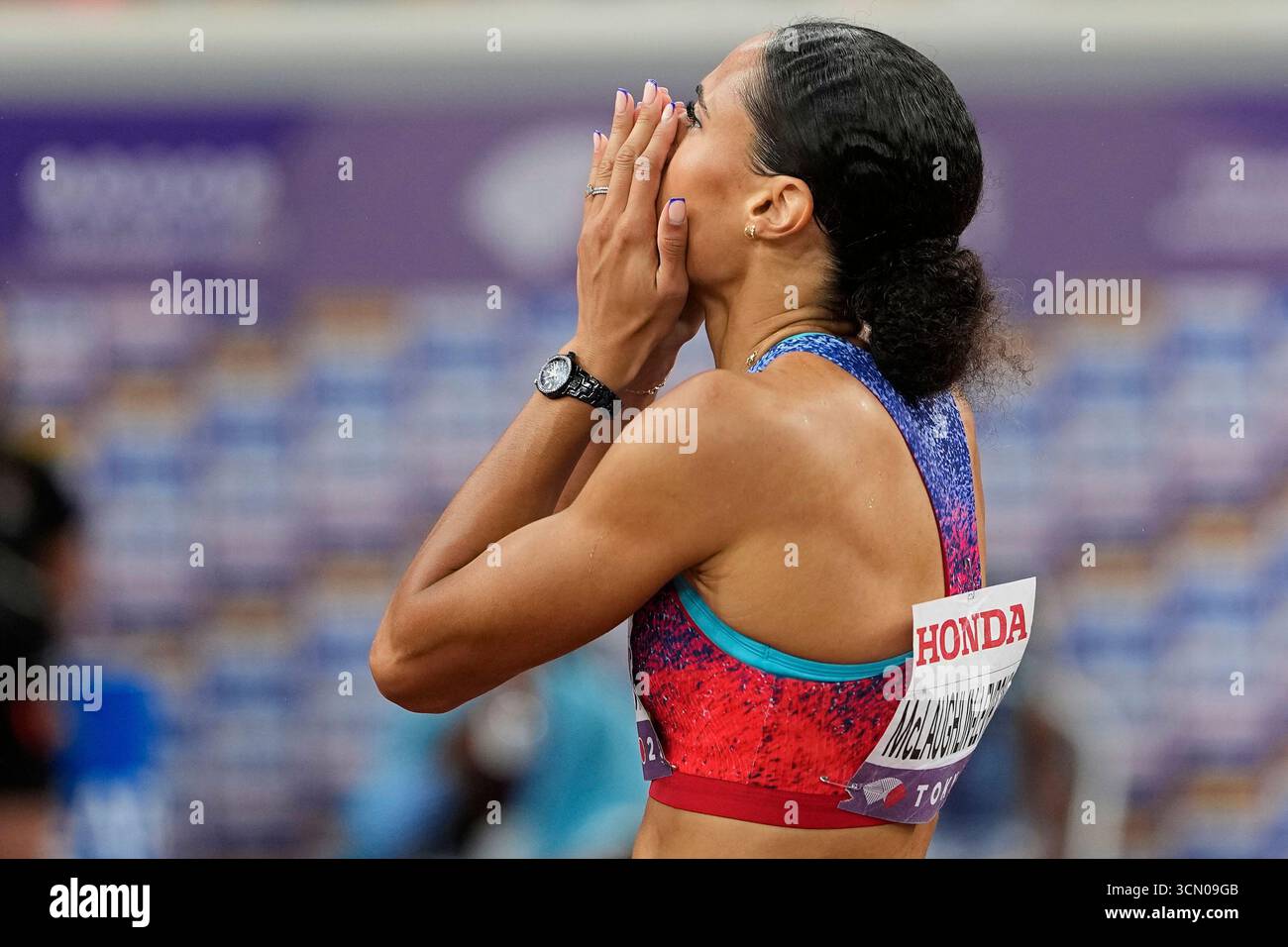 United States' Sydney McLaughlin-Levrone reacts after winning the women ...