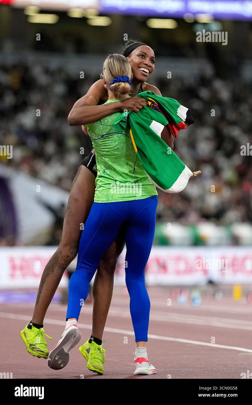 Dominica's Thea Lafond celebrates with Slovenia's Neja Filipic, left ...