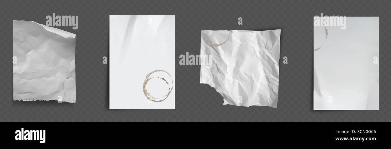 Paper sheet fold set with white crumpled textures, coffee stain ring on ...