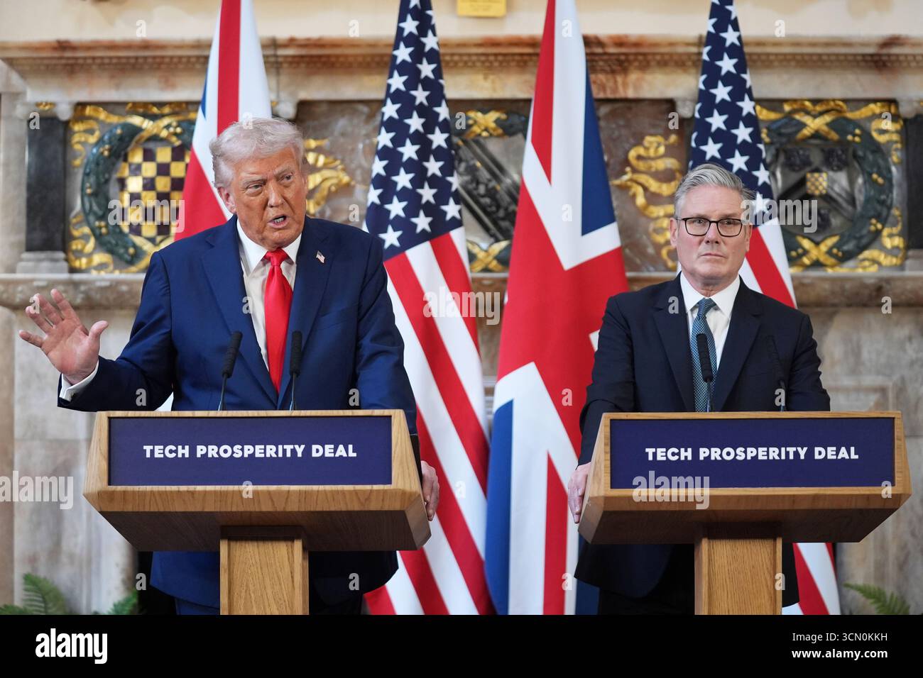 President Donald Trump gestures next to Britain's Prime Minister Keir ...