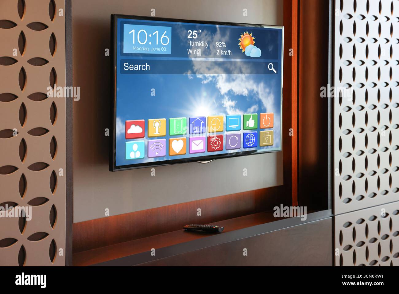TV set showing menu with icons and information on display in room Stock ...