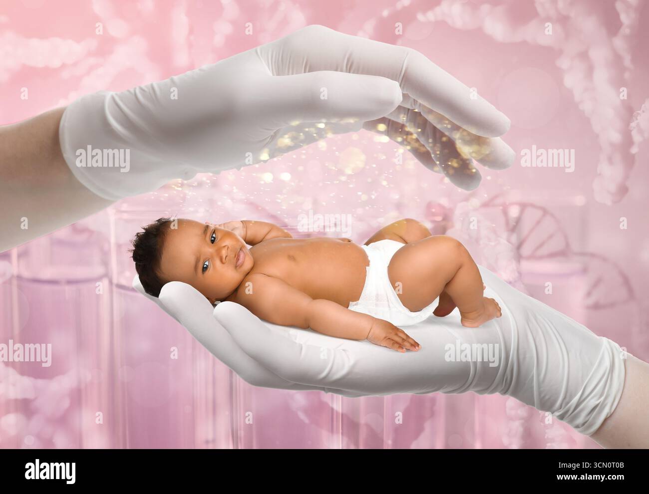 In vitro fertilization (IVF). Doctor holding little baby in hand ...