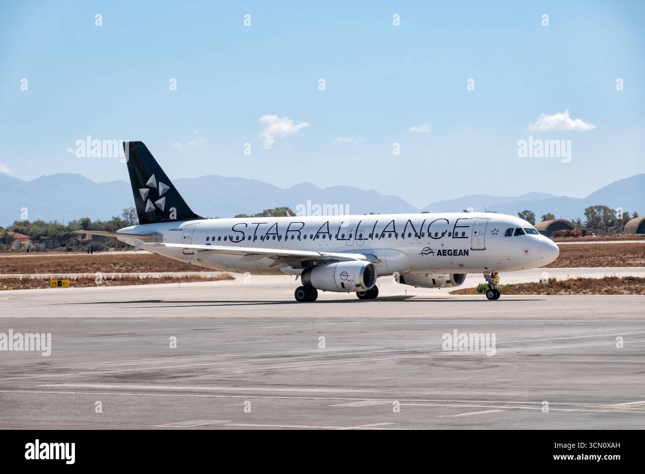 Chania airport, Crete, Greece. An Aegean Airlines Airbus A319, a member ...