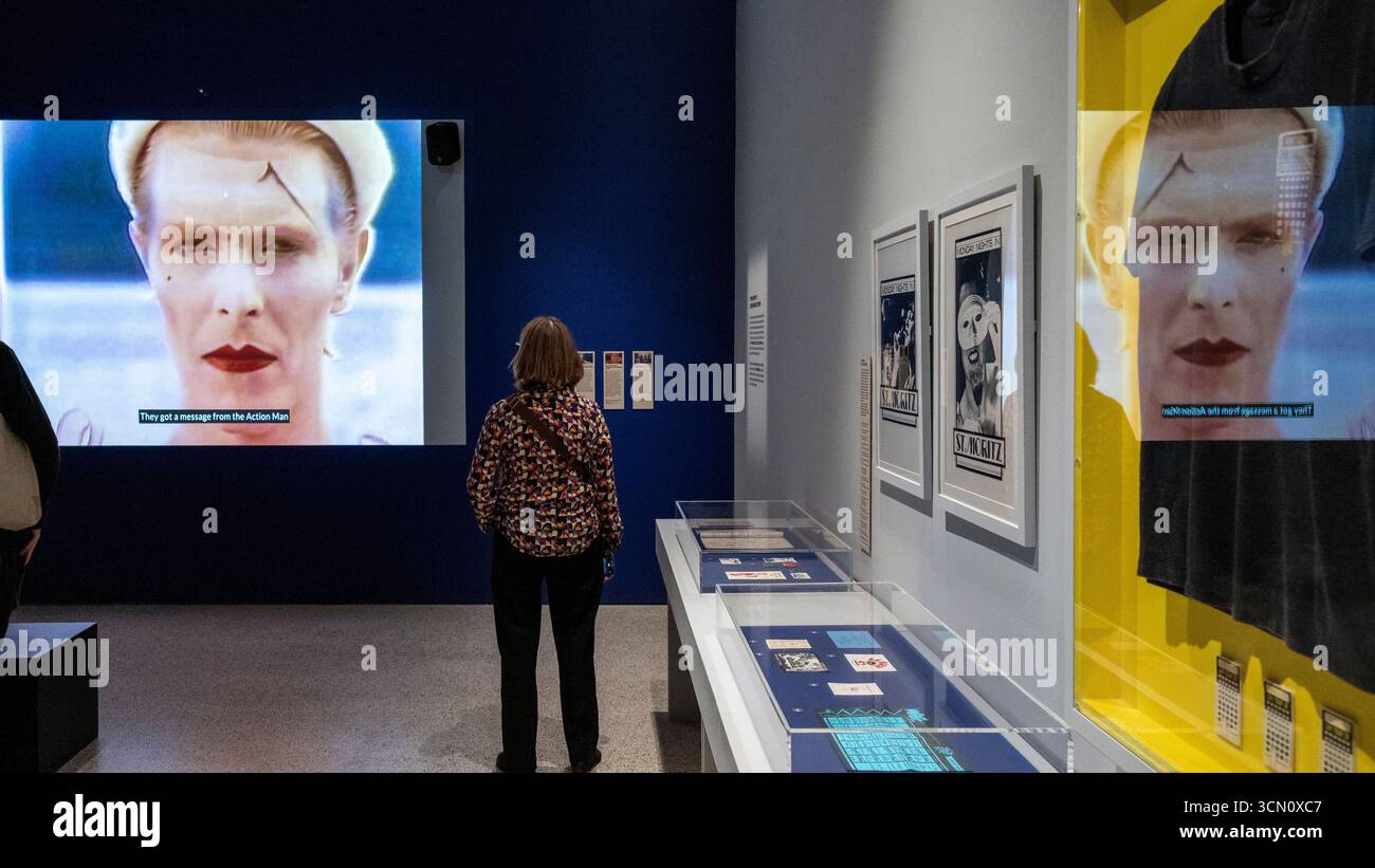 London, UK. 18 September 2025. Visitors watch the music video for ‘Ashes to Ashes’, 1980, by ...