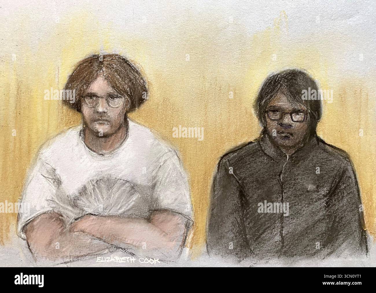 Court artist drawing by ELizabeth Cook of Owen Flowers (left) and ...