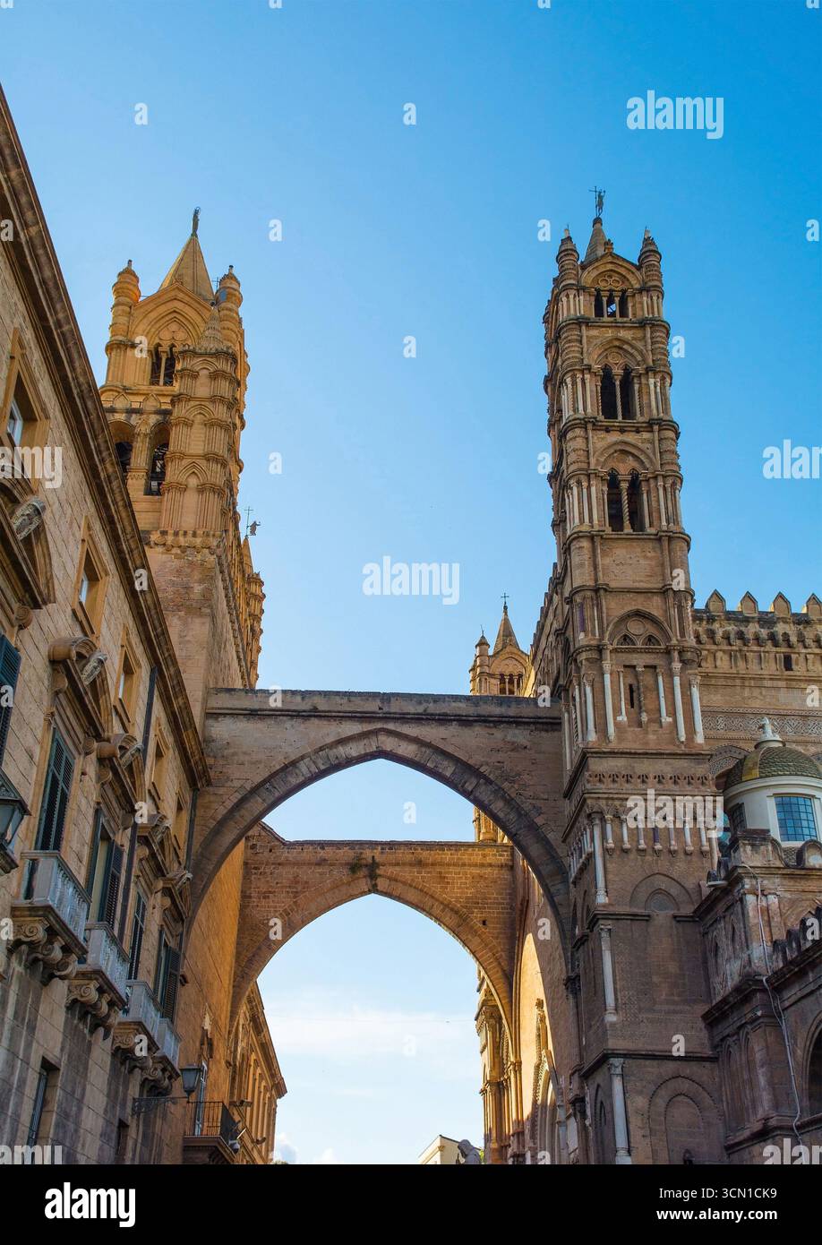 Right, main bell tower of Palermo Cathedral, Sicily, Italy. C12th ...