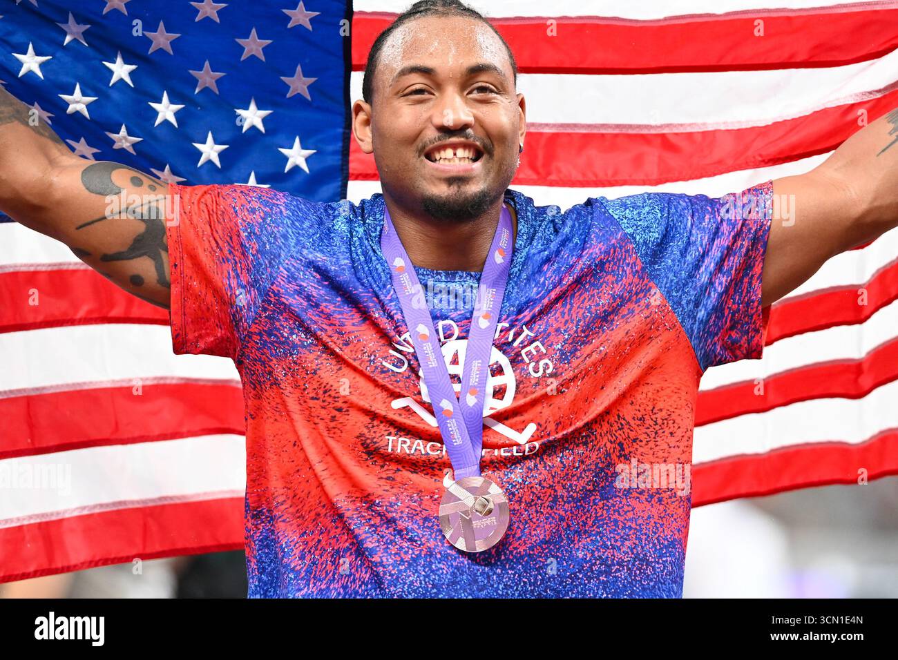 Curtis Thompson (United States) with his bronze medal after the javelin ...