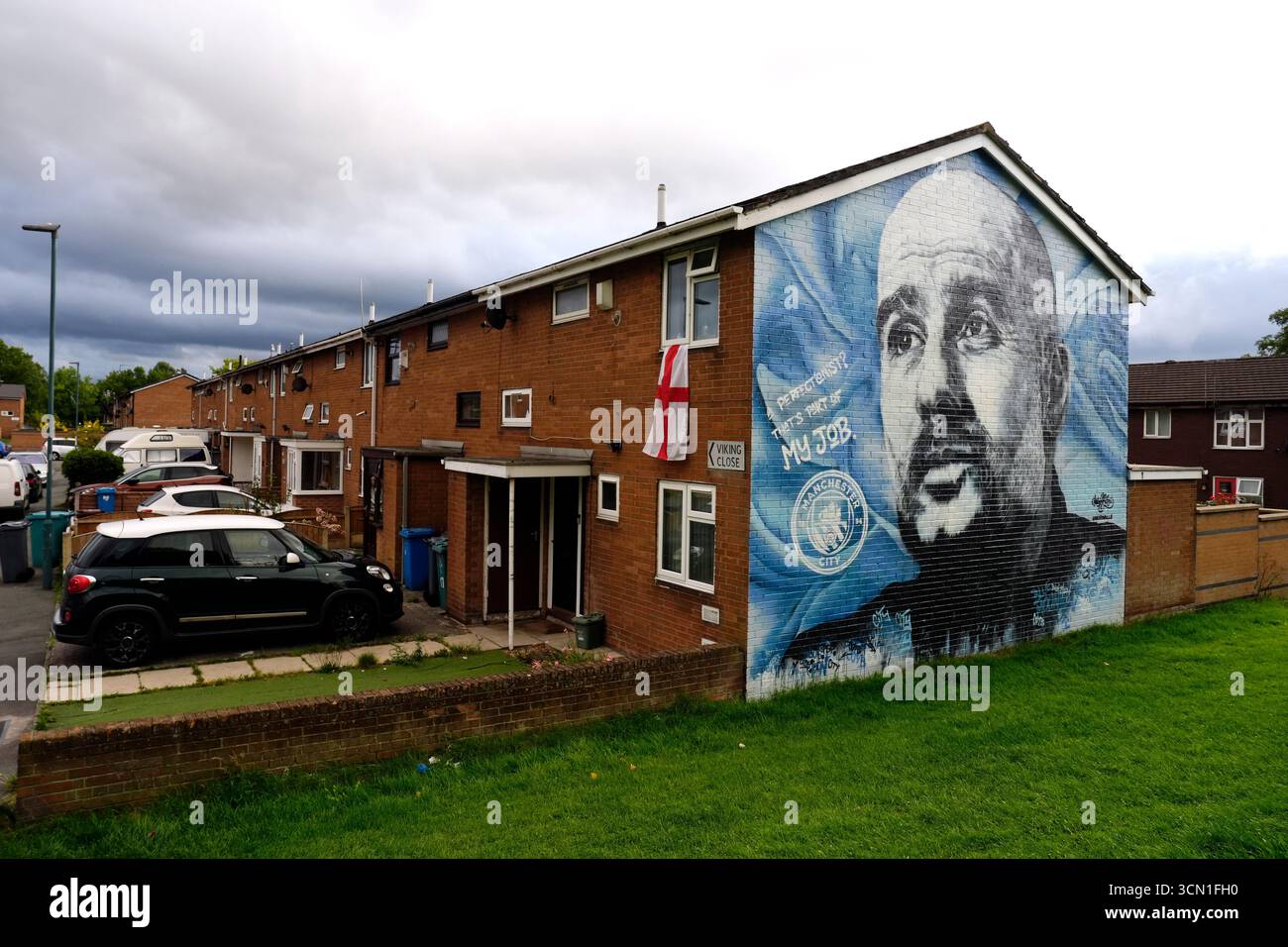 A general view of a mural of Manchester City manager Pep Guardiola ...