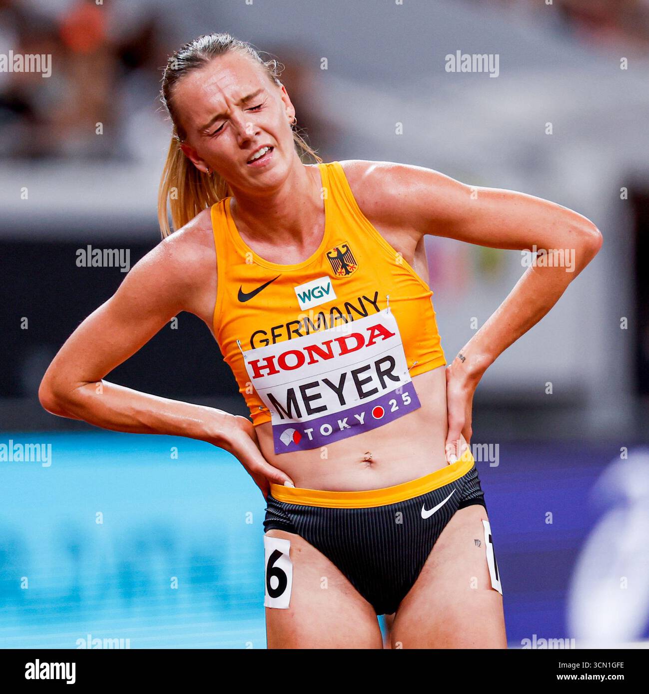 Lea Meyer of Germany looks exhausted after competing in the Women's 5000 Metres during World ...