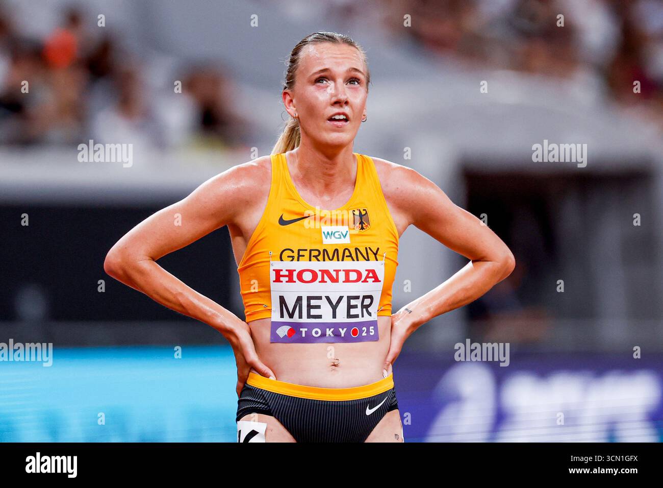 Lea Meyer of Germany looks exhausted after competing in the Women's 5000 Metres during World ...