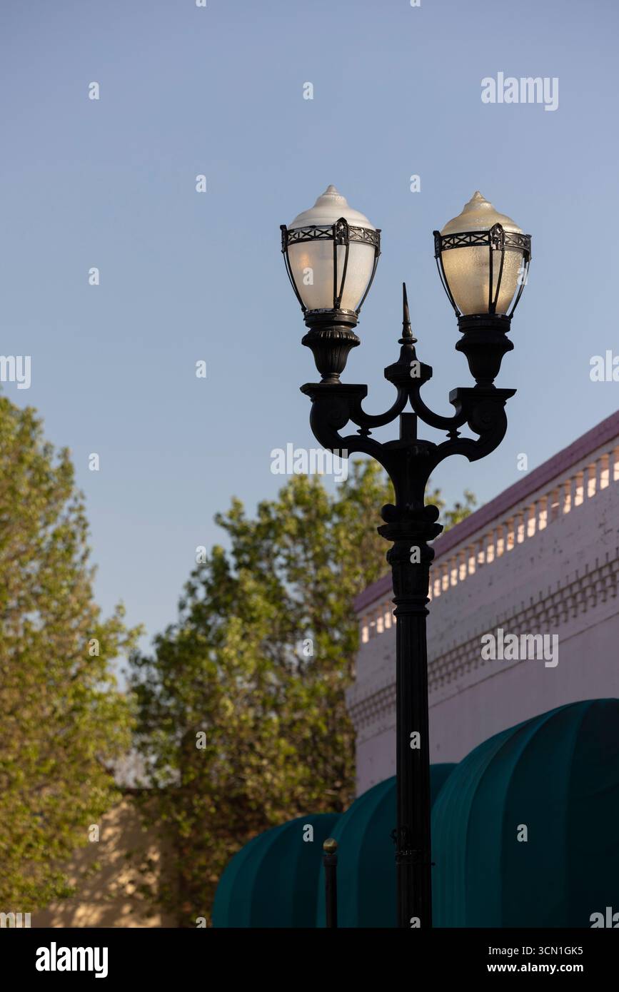 Antique wrought iron street lights decorate historic downtown Selma ...
