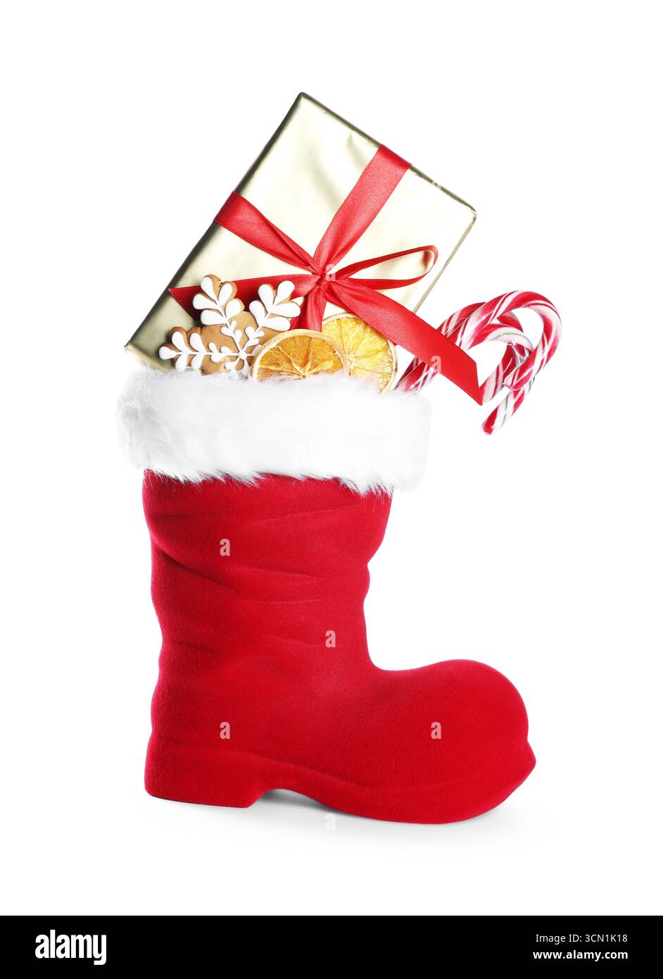 Happy Saint Nicholas day. Red boot with sweets and gift box isolated on ...
