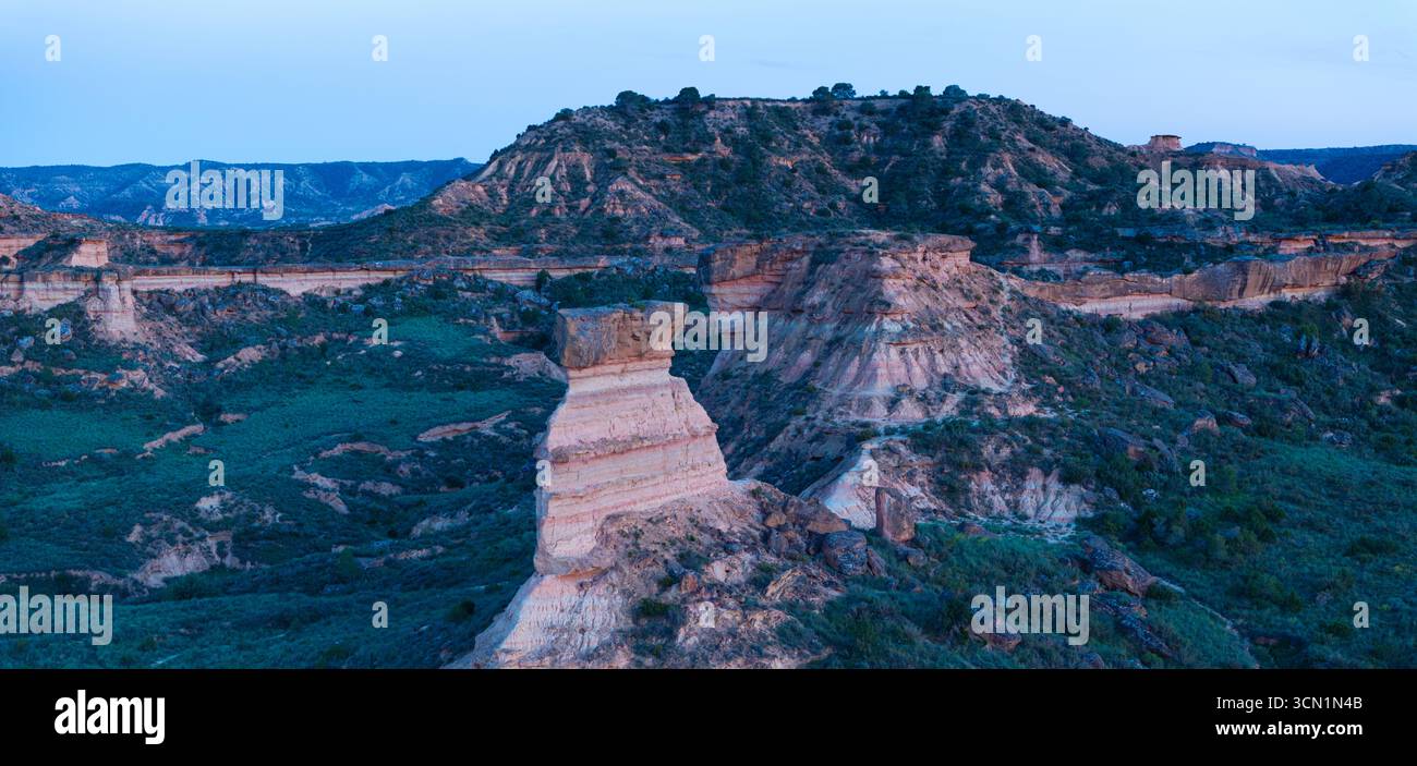 Aerial view from a drone of erosion ravines and towers in the Monegros ...