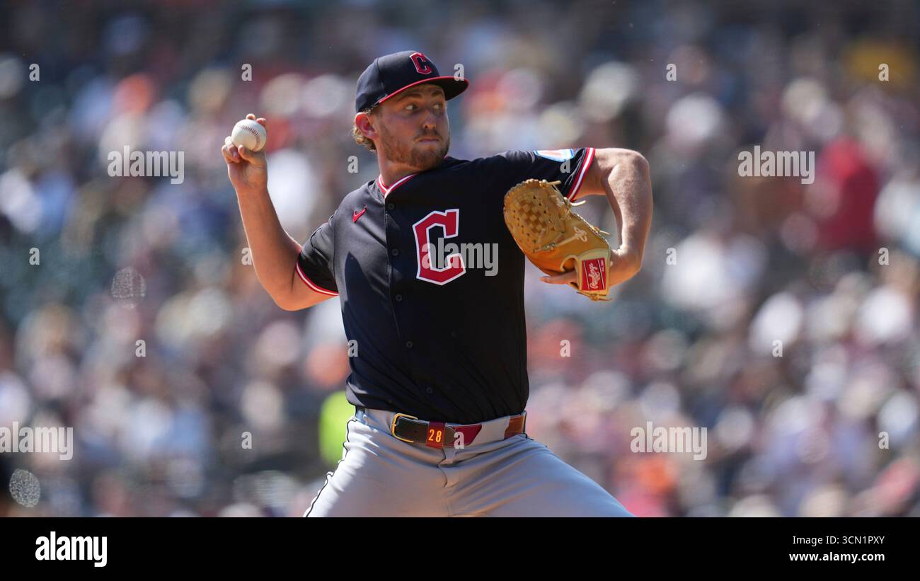 Cleveland Guardians pitcher Tanner Bibee throws against the Detroit ...