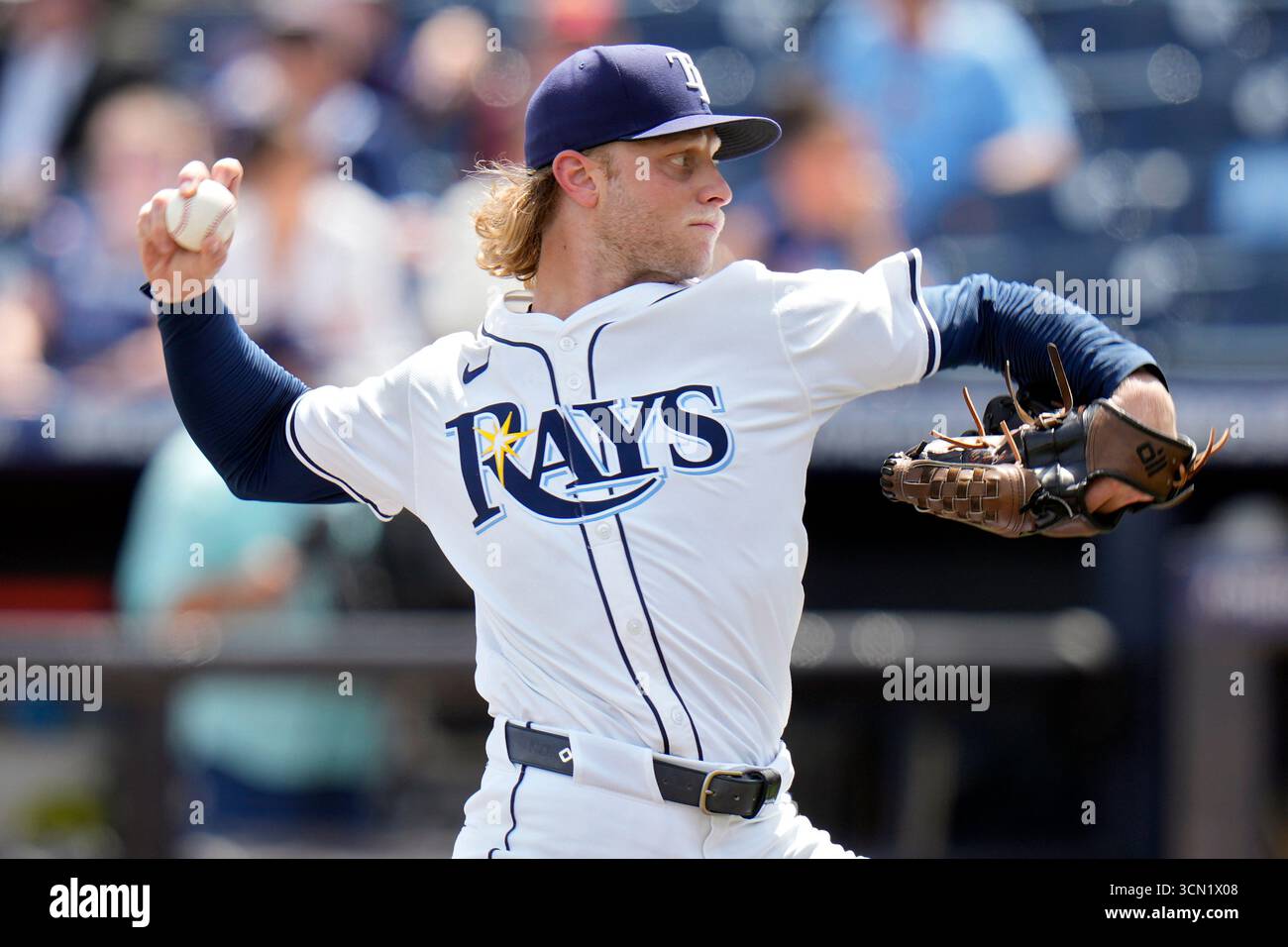 Tampa Bay Rays pitcher Shane Baz delivers to the Toronto Blue Jays ...