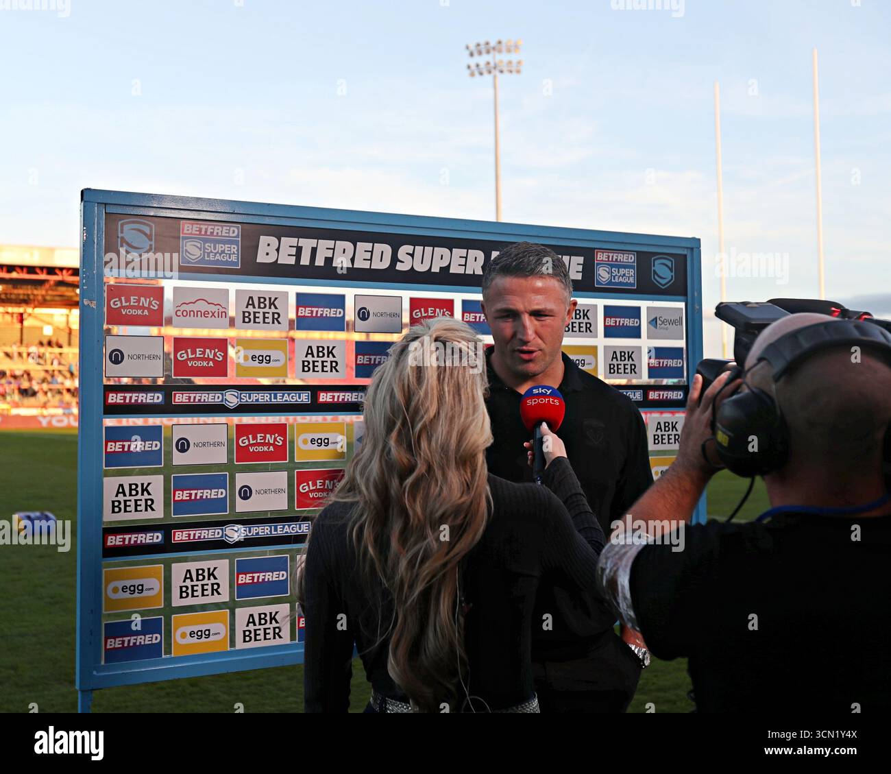 Sam Burgess, head coach of Warrington Wolves is interviewed by Sky ...