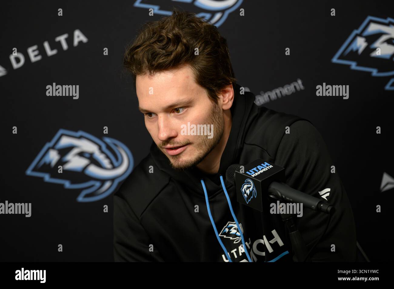 Utah Mammoth defenseman Mikhail Sergachev speaks during media day ahead ...