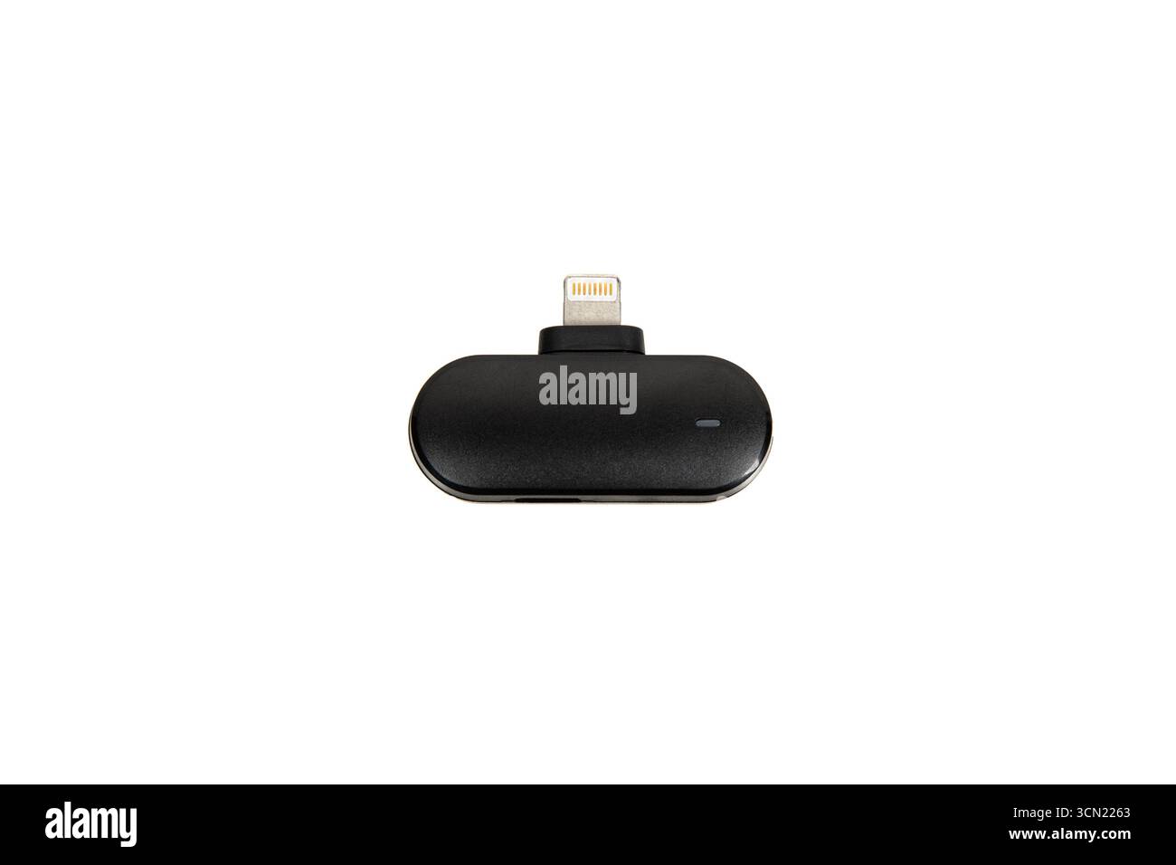 A compact black wireless microphone receiver with a Lightning connector ...