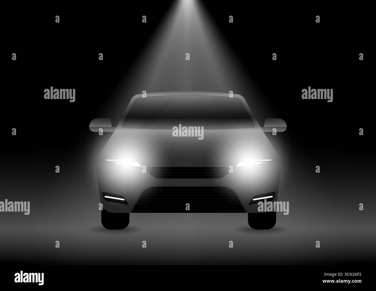 Modern Car with Headlights or Light Beams in Dark Background. Vector ...