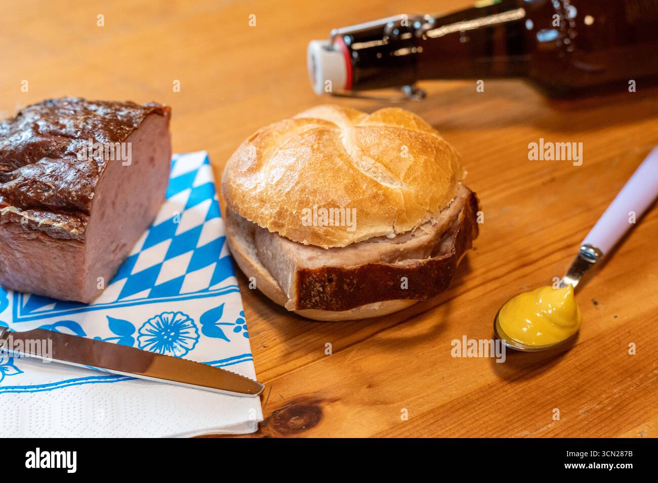 Bavaria, Germany - September 17, 2025: Bavarian snack, Leberkäse with ...