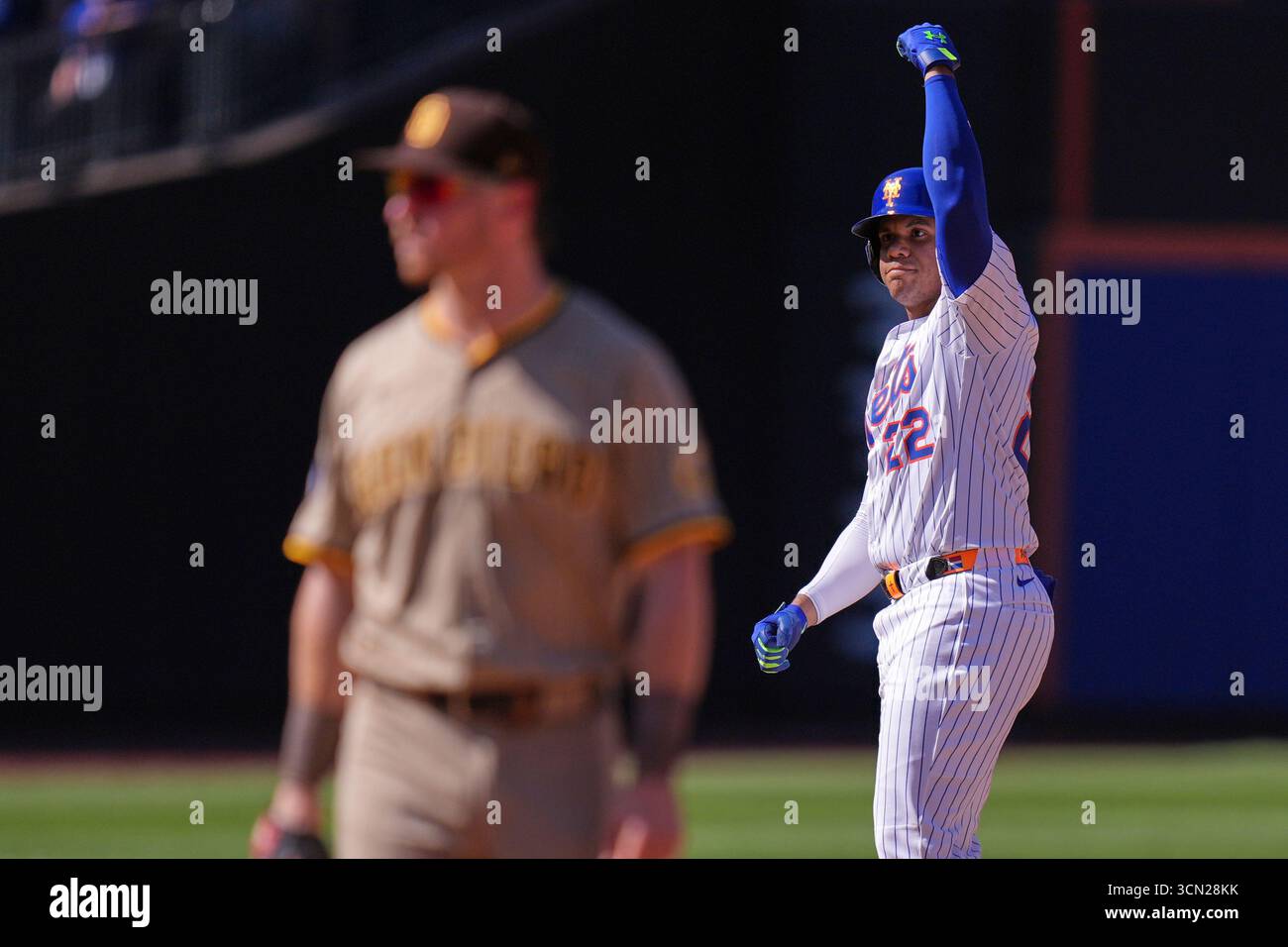 New York Mets' Juan Soto celebrates a double during the fifth inning of ...
