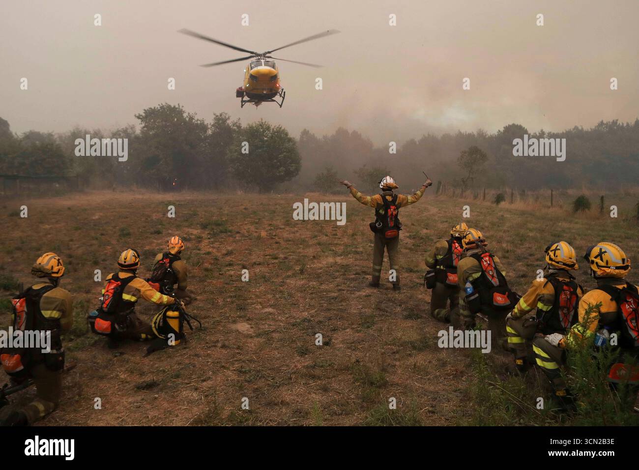 Several forest firefighters try to extinguish the fire in Lornís, on ...