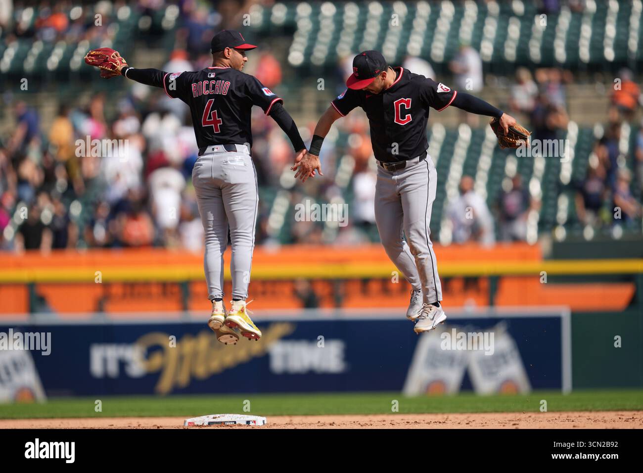 Cleveland Guardians' Brayan Rocchio (4) and Steven Kwan (38) celebrate ...