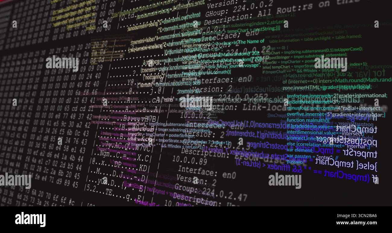 Color-coded code, network config and hex dumps appearing on monitor at desk, with terminal ...