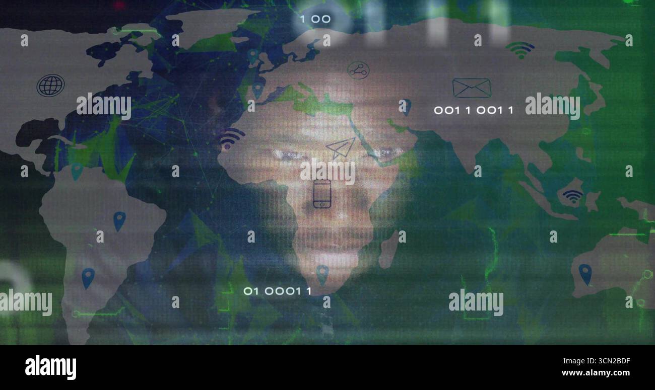 Hacker wearing hoodie scanning world map in cyber grid, with binary ...