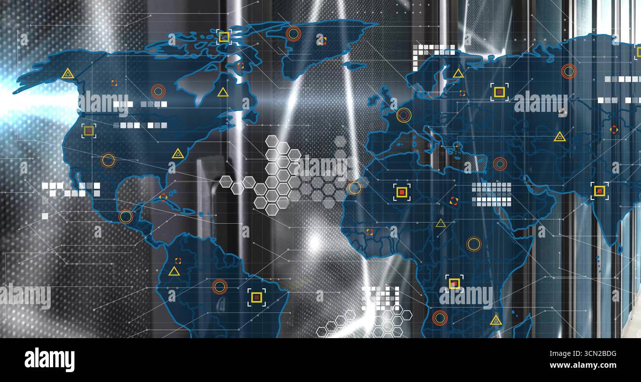 Showing blue world map on metallic grid with hex clusters, geometric ...