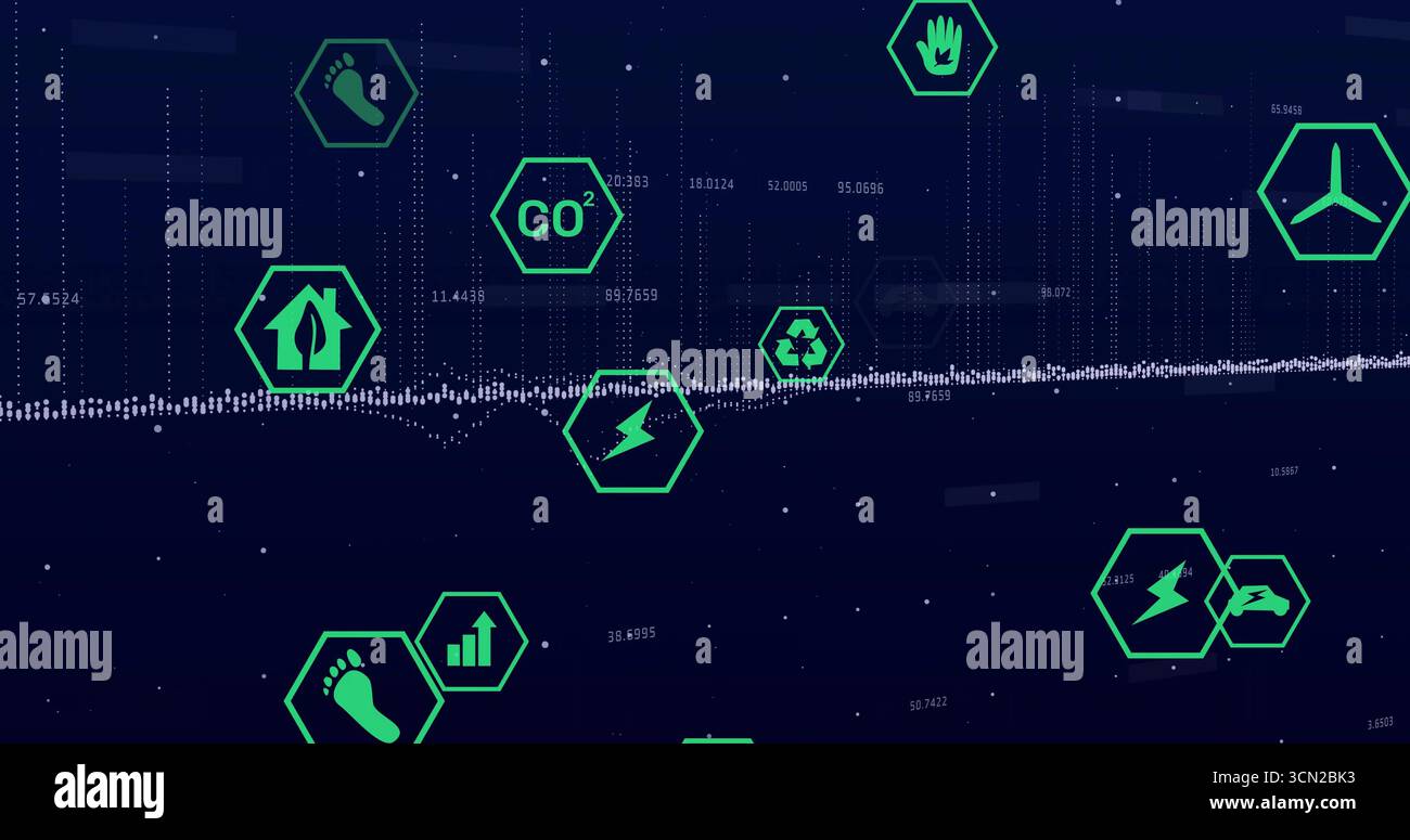 Displaying green hex icons showing environmental metrics on interface ...