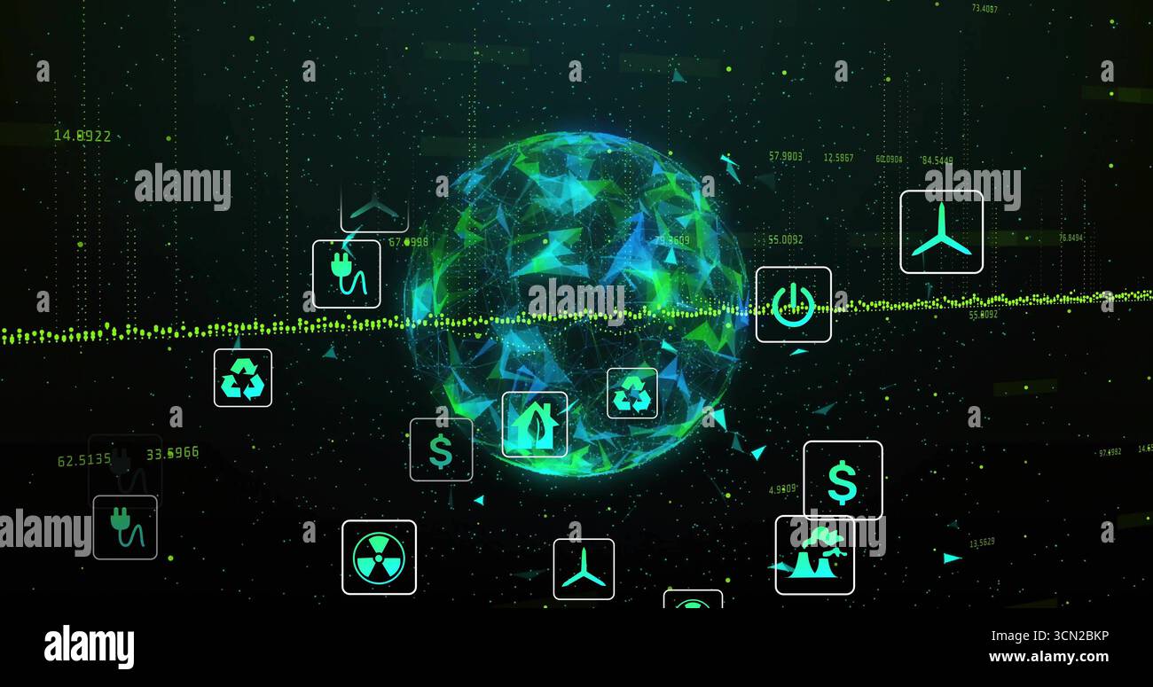 Rotating globe glowing in digital matrix, with floating eco energy ...