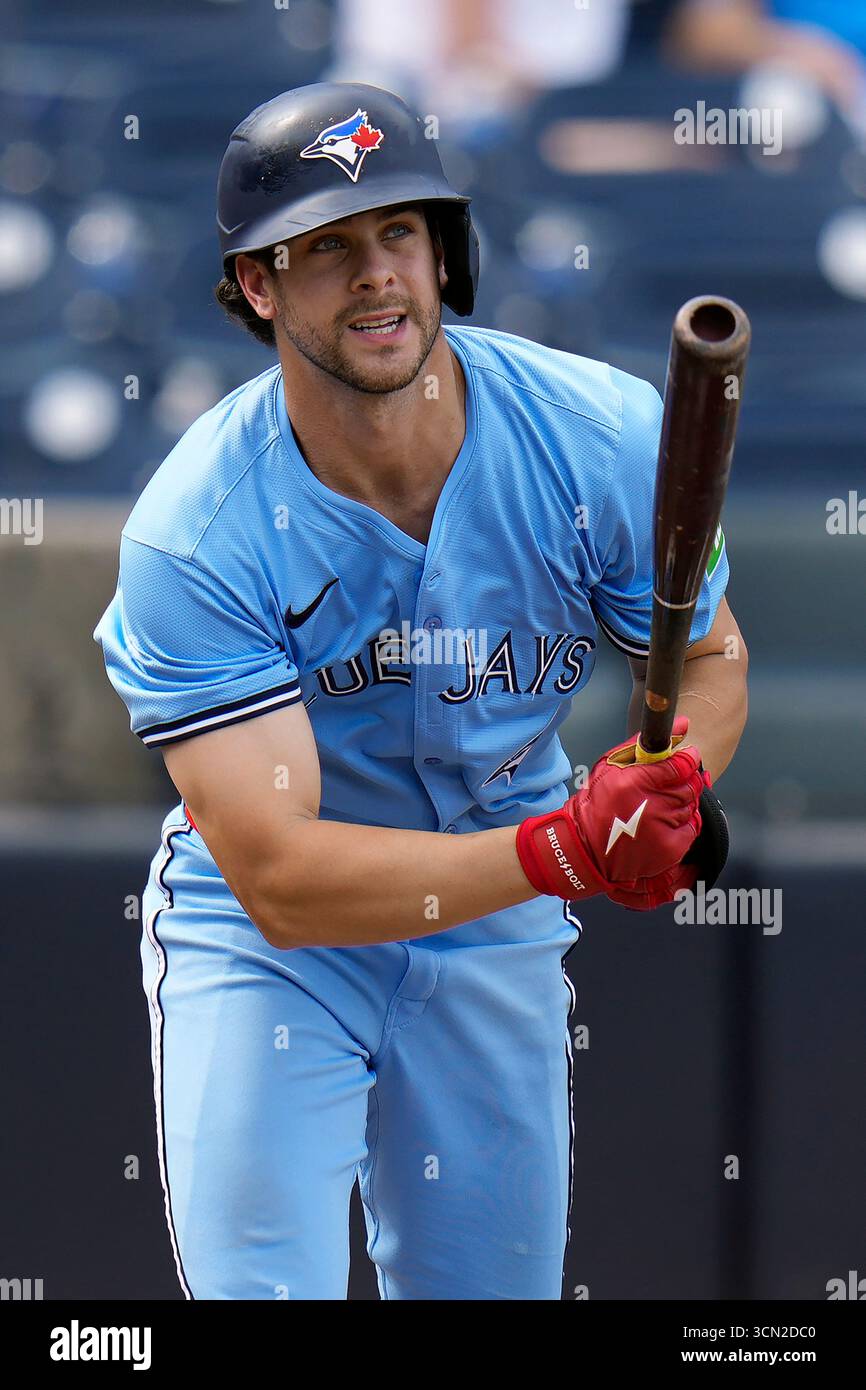 Toronto Blue Jays' Ernie Clement watches his double off Tampa Bay Rays ...