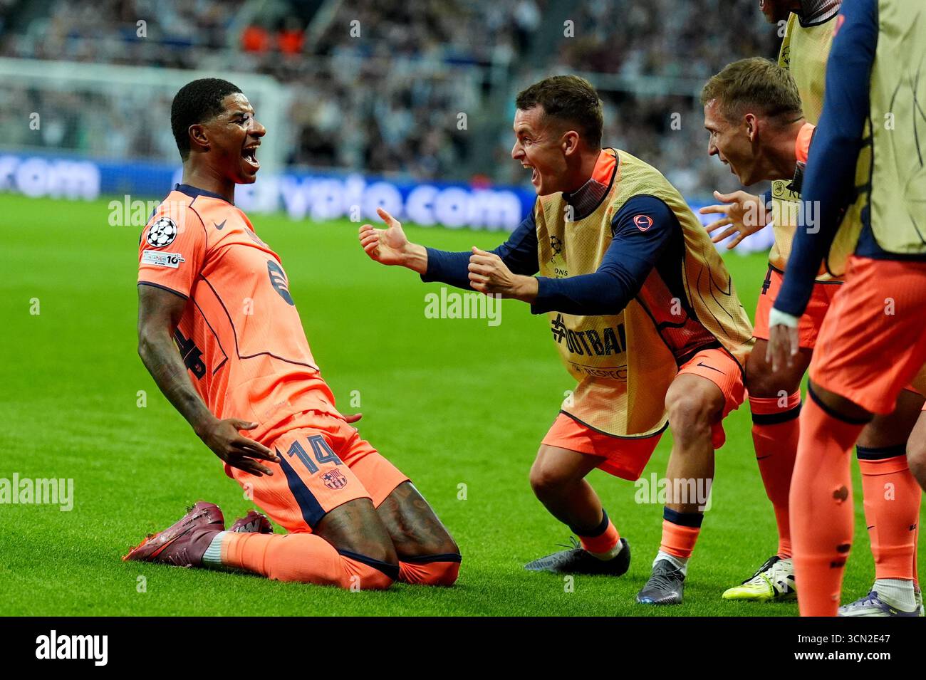 Barcelona's Marcus Rashford celebrates scoring their side's first goal ...
