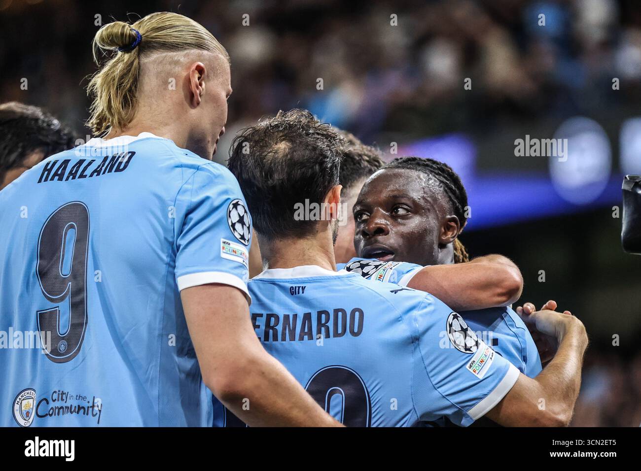 Jeremy Doku of Manchester City celebrates his goal to make it 2-0 ...
