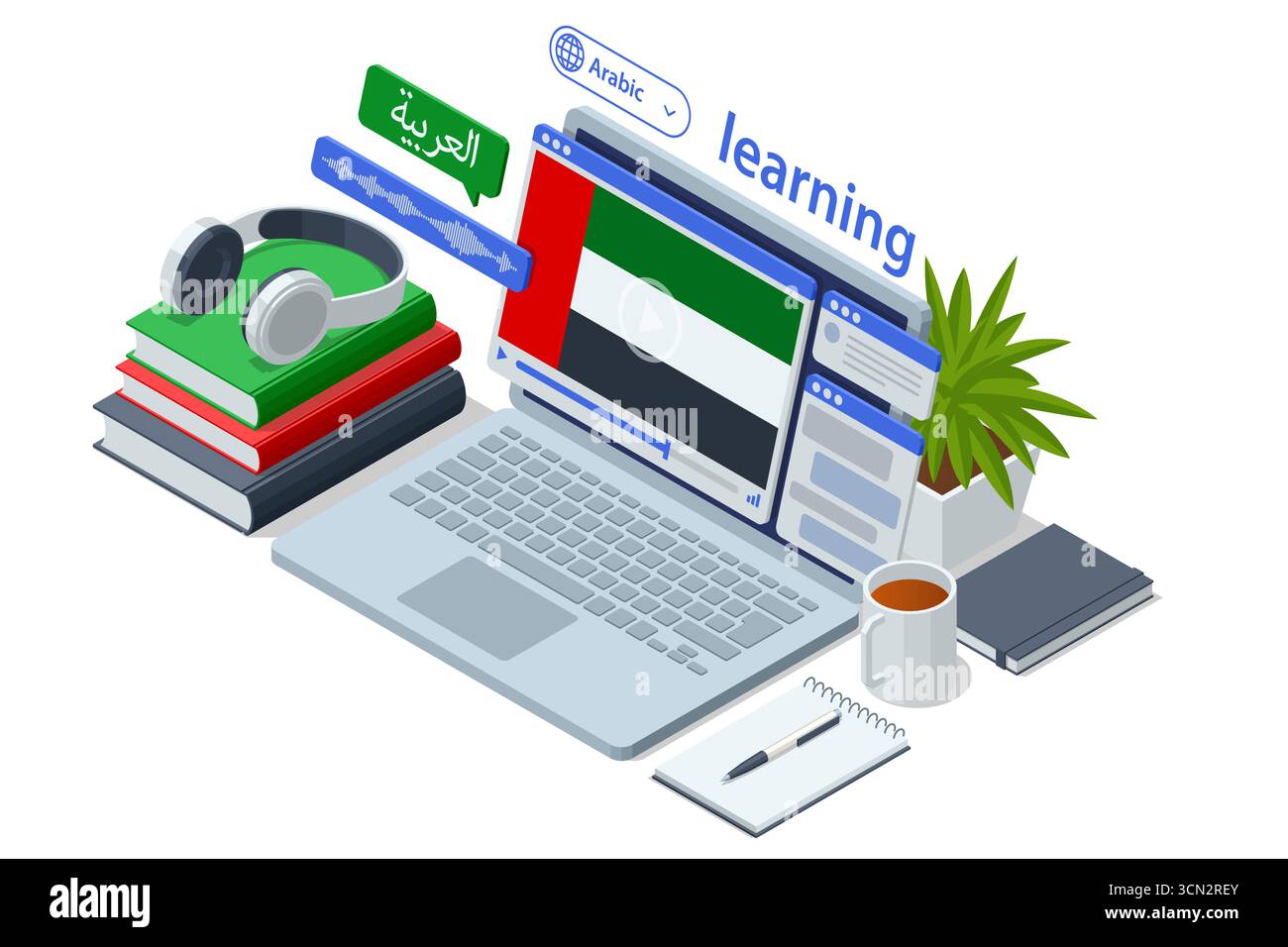Arabic. Isometric person learning a foreign language with a virtual ...
