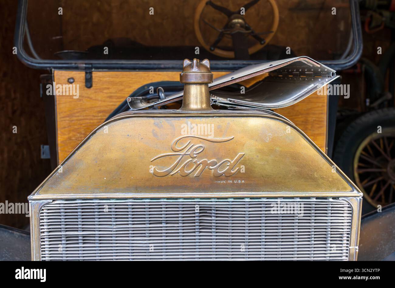 Winthrop, WA - 28 August 2025: Radiator and front of historic Ford ...
