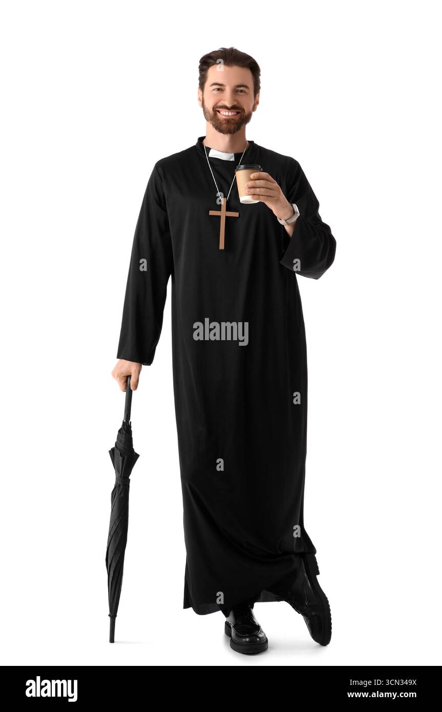 Handsome priest with coffee and umbrella on white background Stock ...
