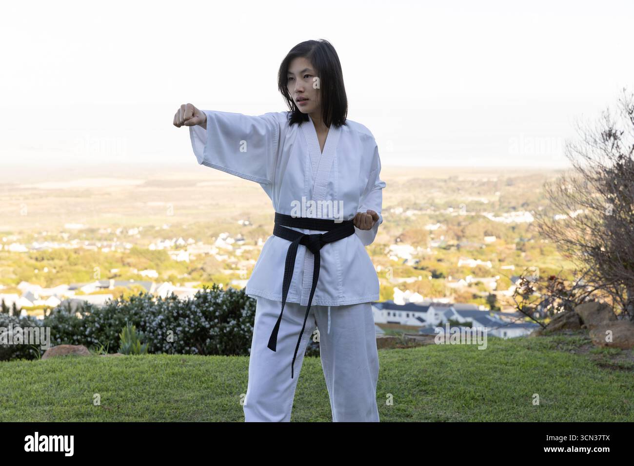 Asian woman practicing straight punch stance on grassy hillside wearing ...