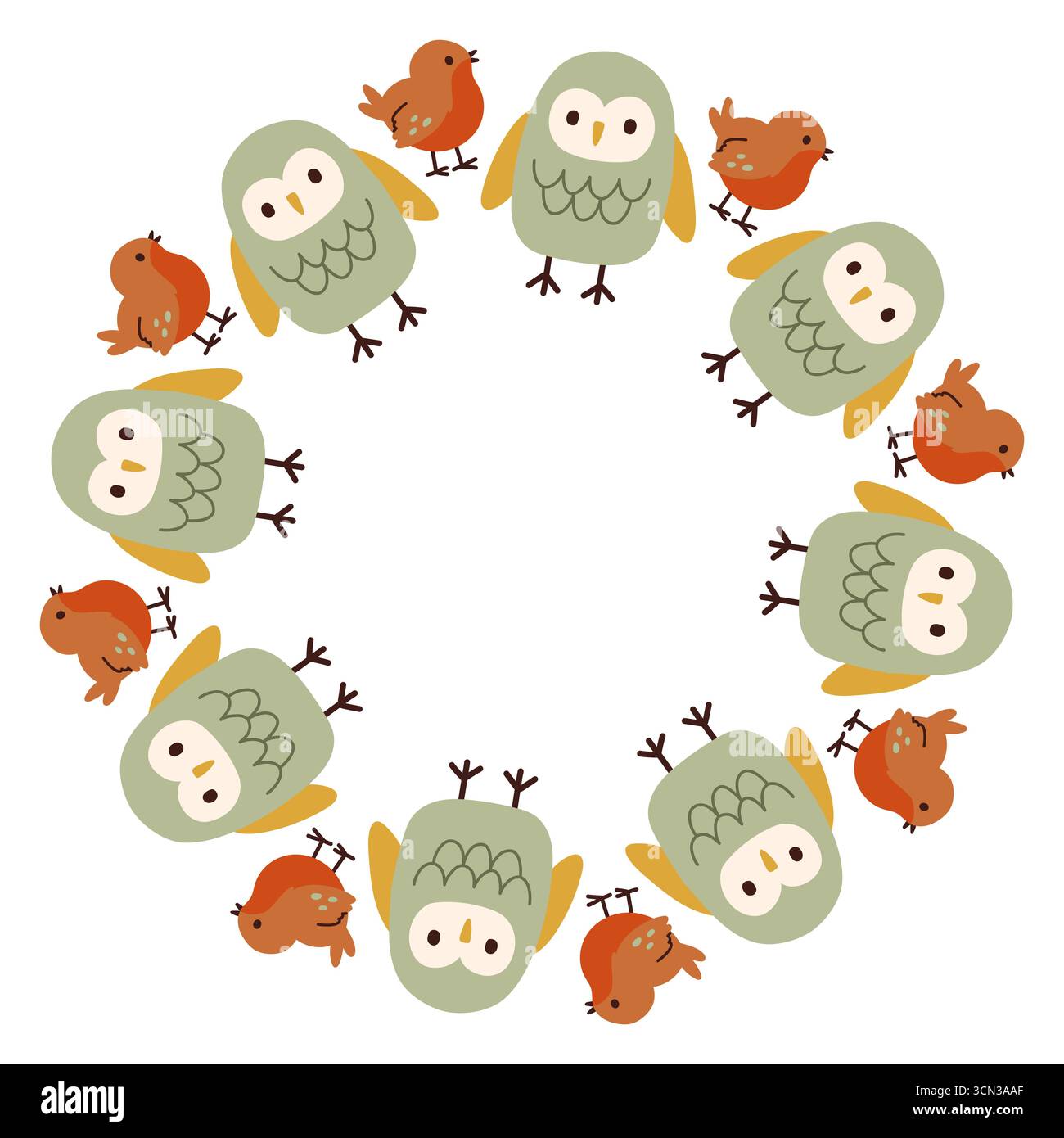 Autumn owl bird circle frame. Round border made of doodle hand drawn ...